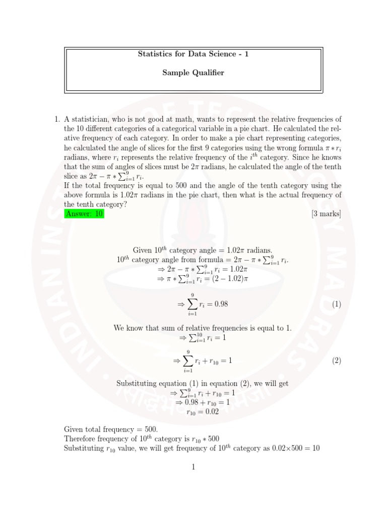 Mock Test 1 Solution (1) Statistics | PDF | Mode (Statistics) | Median
