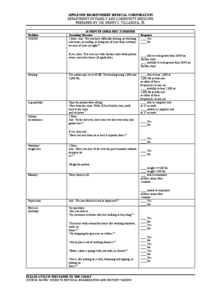 10-Minute Geriatric Screener Tool | PDF | Hearing | Urinary Incontinence