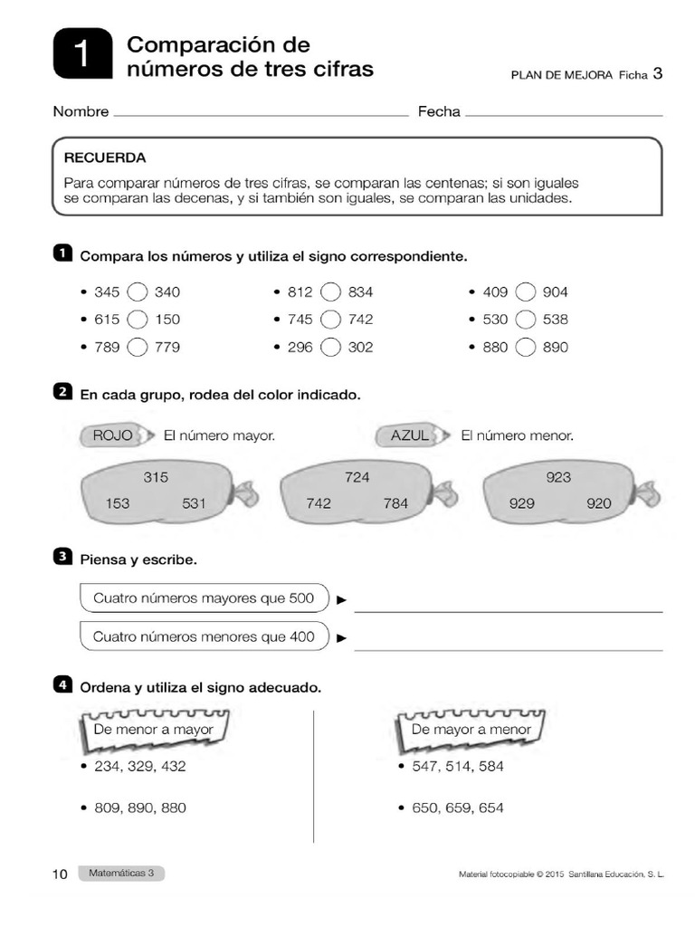 Comparación de Números de Tres Cifras | PDF