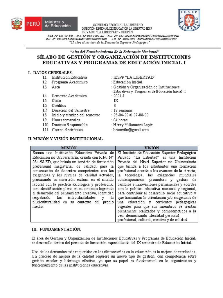 1 Sílabo de Gestion y Organizacion de Instituciones Educativas y Programas de Educacion Inicial ...