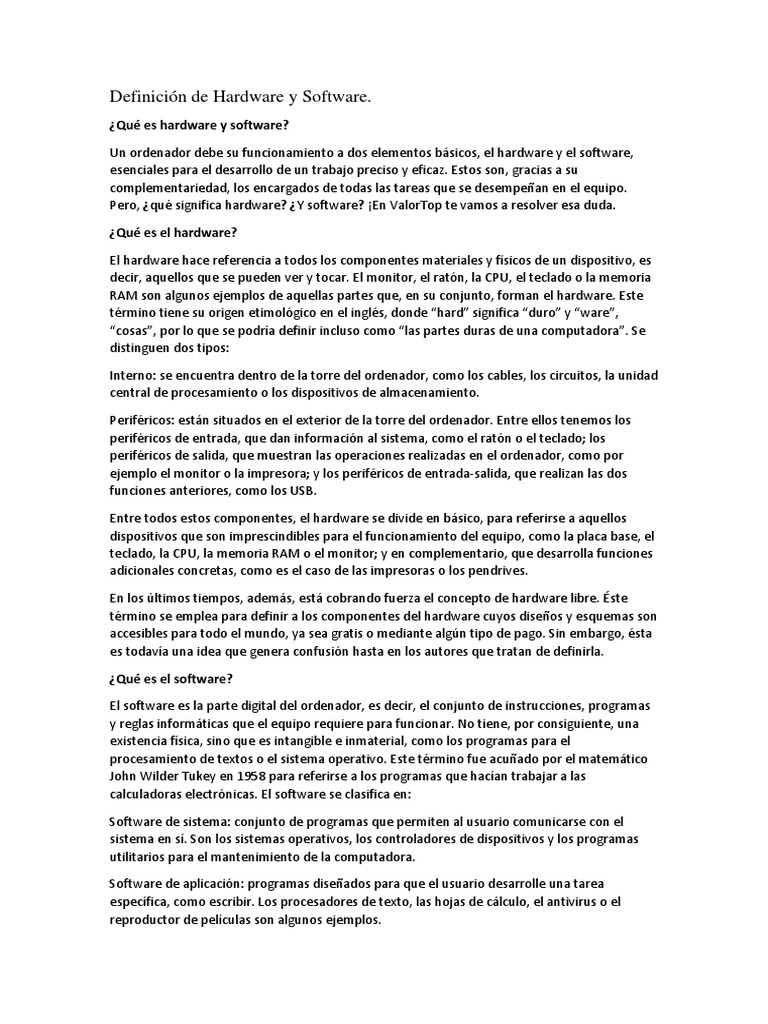 Definición de Hardware y Software | PDF | Hardware de la computadora ...