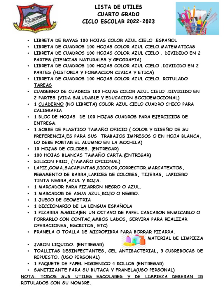 Utiles Escolares Cuarto | PDF