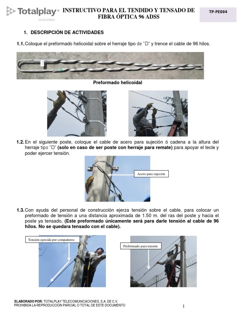 TP-PE004 Instructivo para El Tendido y Tensado de Fibra 96 ADSS | PDF ...