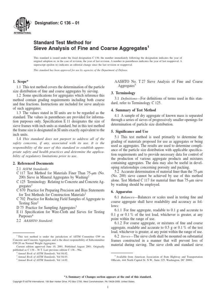 ASTM C 136 Sieve Analysis of Fine and Coarse Aggregates (D) | PDF
