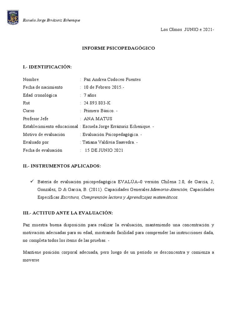 Informe Psicopedagógico. - Julian Cornejo | PDF | Evaluación | Aprendizaje