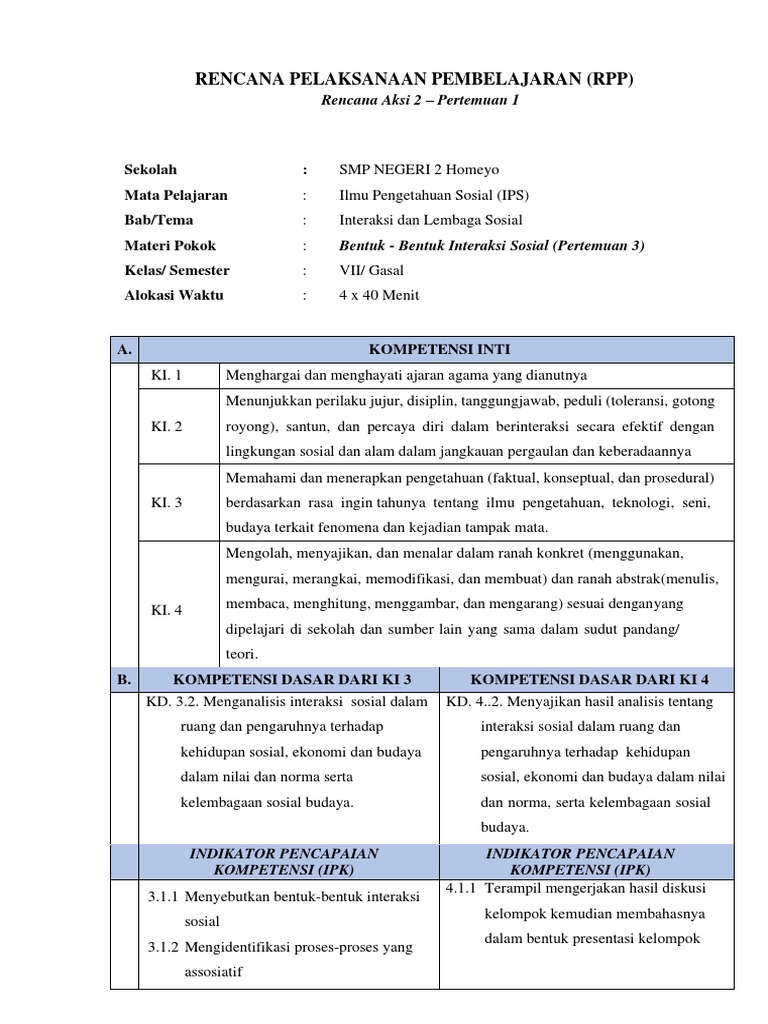 RPP Materi Bentuk - Bentuk Interaksi Sosial - Pertemuan 1 | PDF