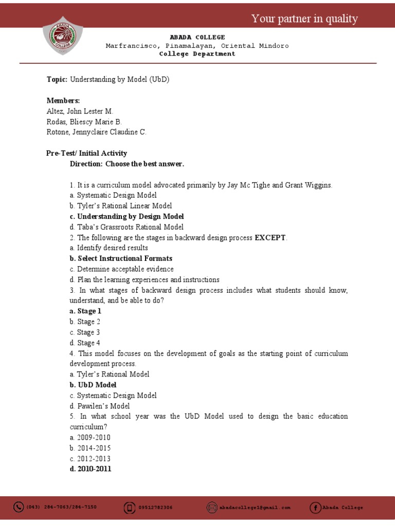 UbD Model Outline Document | PDF | Curriculum | Cognitive Science