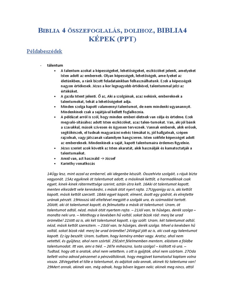 Biblia 4 Összefoglalás Képes | PDF