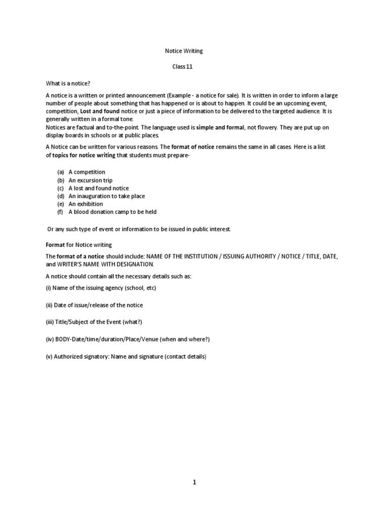 Notice Writing Class 11 | PDF | Communication
