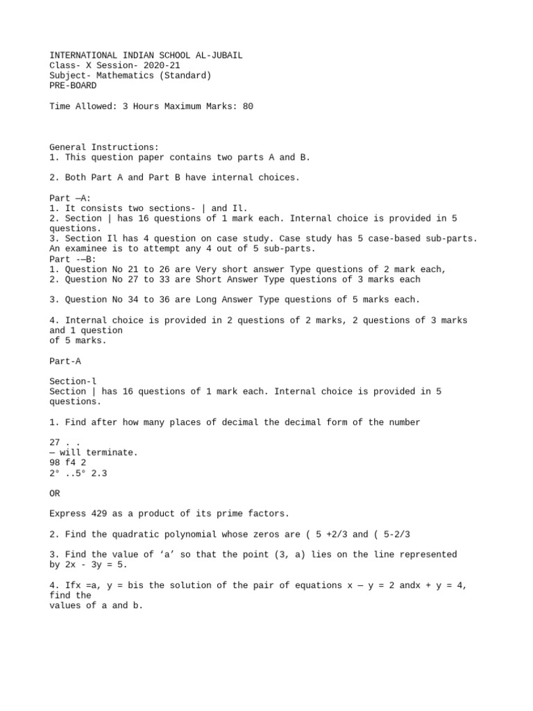 Pre Board Standard Mathematics Class X Question Paper 2020-2021 | PDF ...