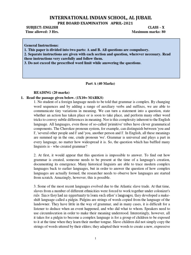 English - Class X | PDF