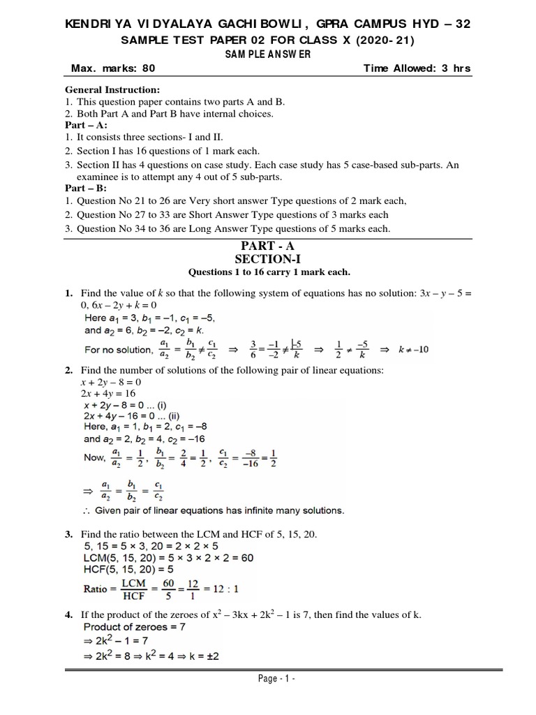 Class X Sample Test Paper 02 For Board Exam 2020 21 Answers | PDF ...