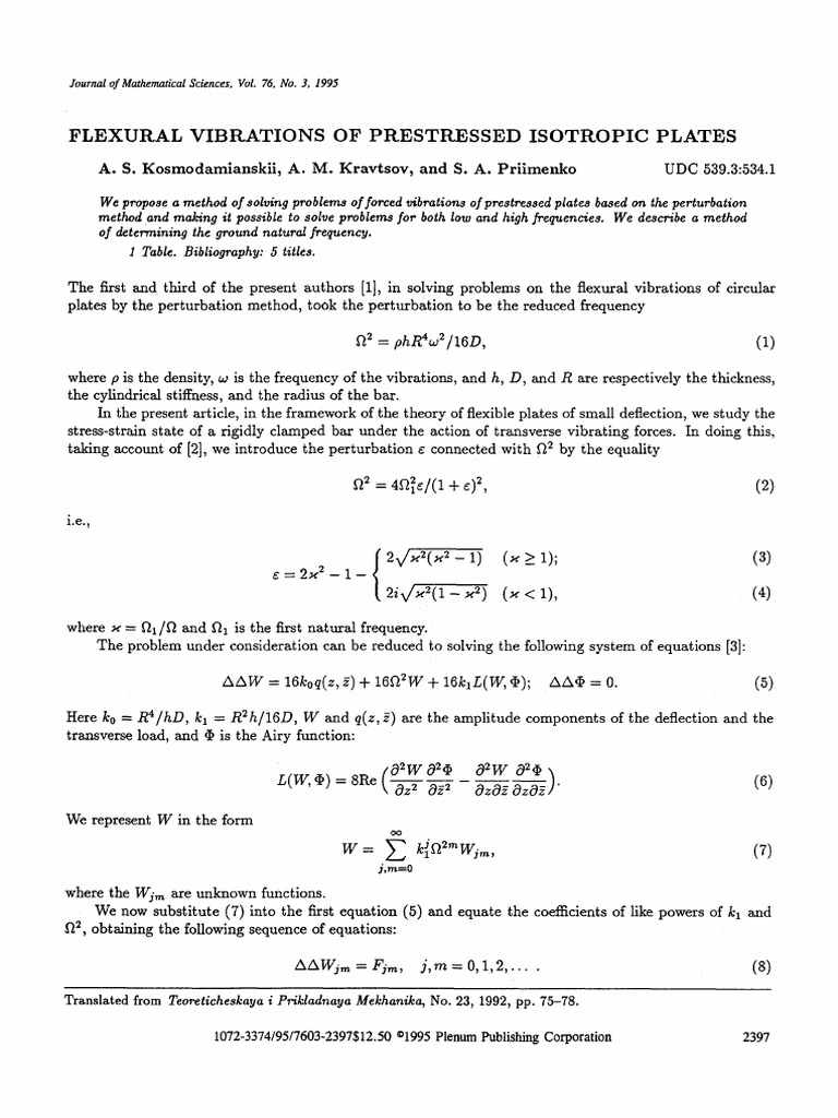 Flexural Vibrations of Prestressed Isotropic Plates | PDF | Equations ...