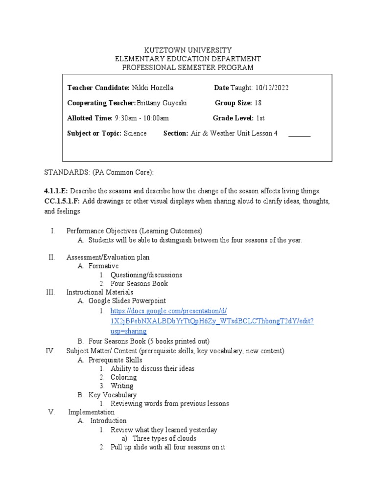 First Grade Science: Four Seasons Lesson | PDF | Weather | Educational ...
