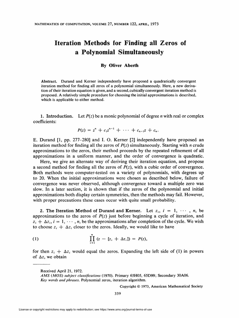 Iteration Methods For Finding All Zeros of A Polynomial Simultaneously | PDF | Polynomial | Zero ...
