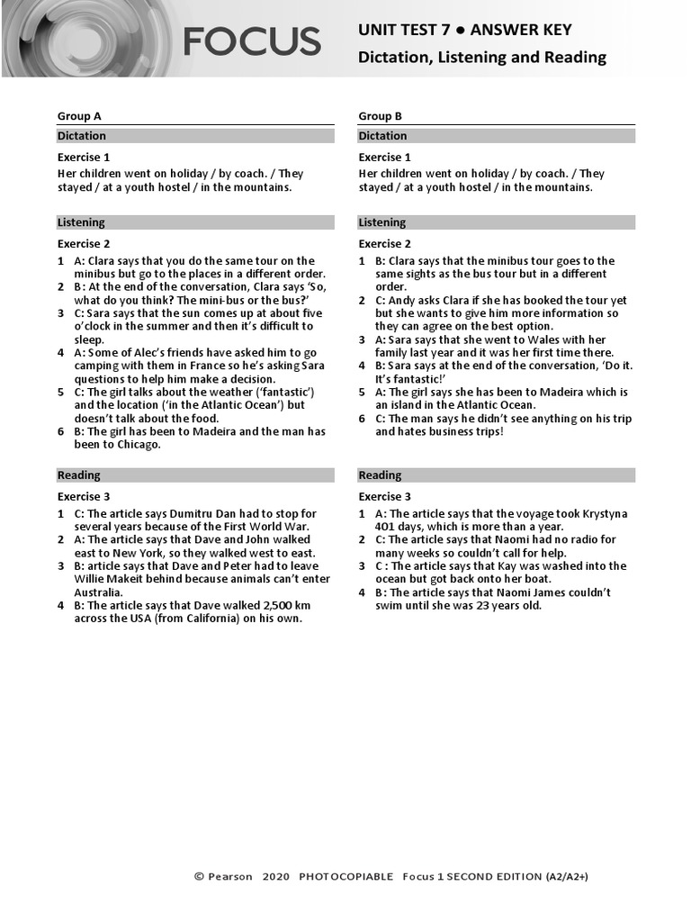 Focus1 2E Unit Test Dictation Listening Reading Unit7 GroupA B ANSWERS ...