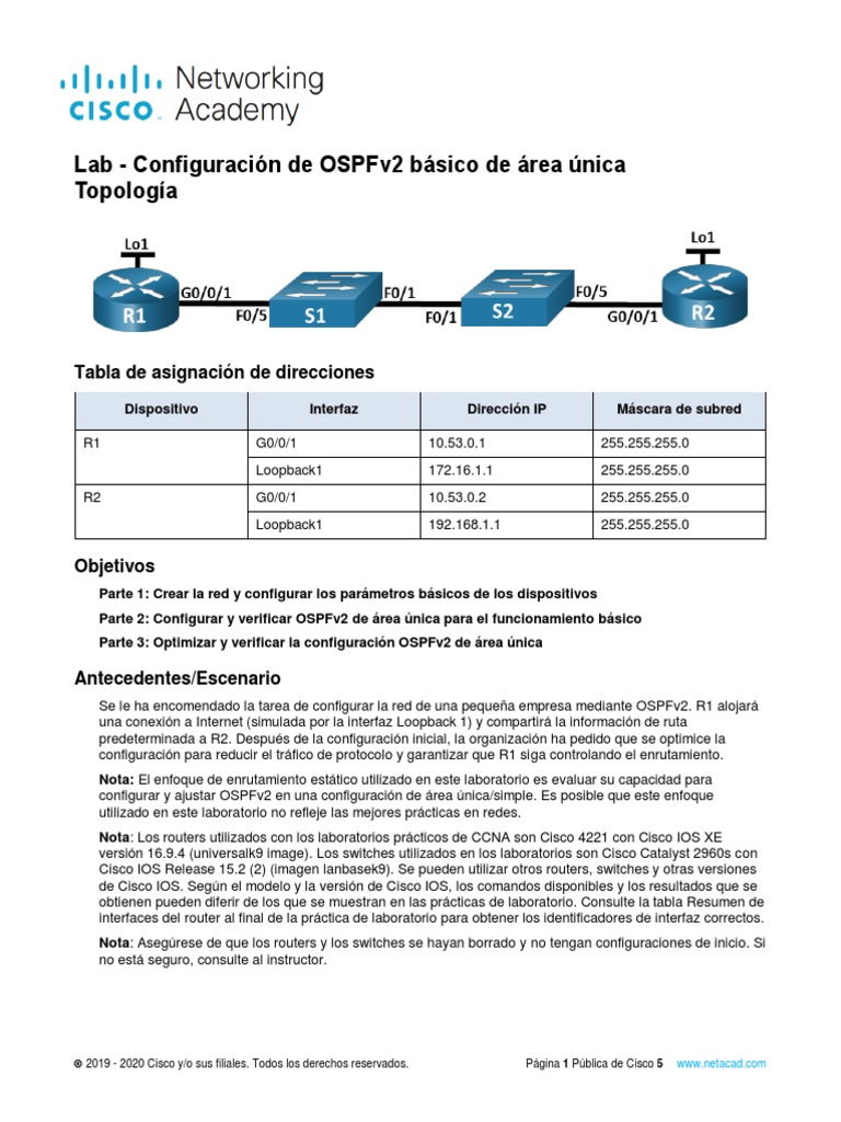 2.7.2 Lab - Configure Single Area Ospfv2 - Es XL | PDF | Enrutador (Computación) | Dirección IP