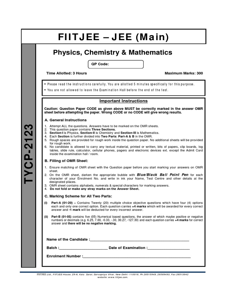 FIITJEE JEE Main Exam Instructions and Format | PDF | Acid Dissociation ...