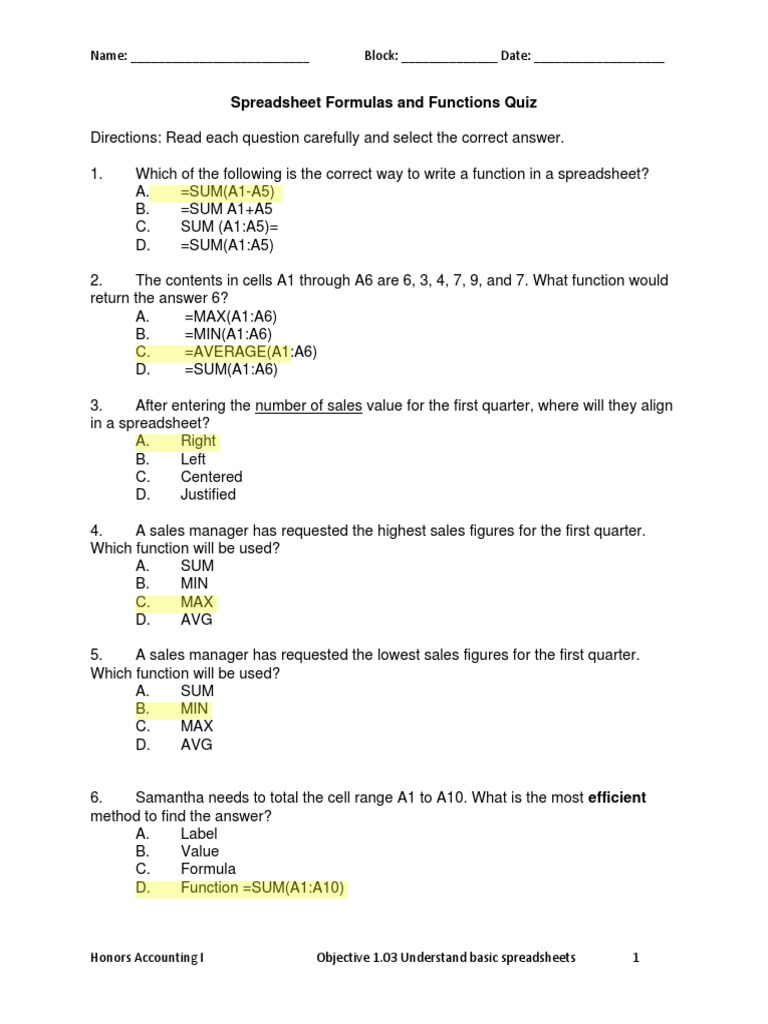 Spreadsheet Basics Quiz | PDF | Spreadsheet | Computing