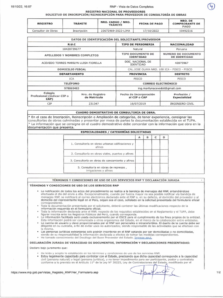 Marilin Acevedo Formulario RNP Consultor Obras | PDF