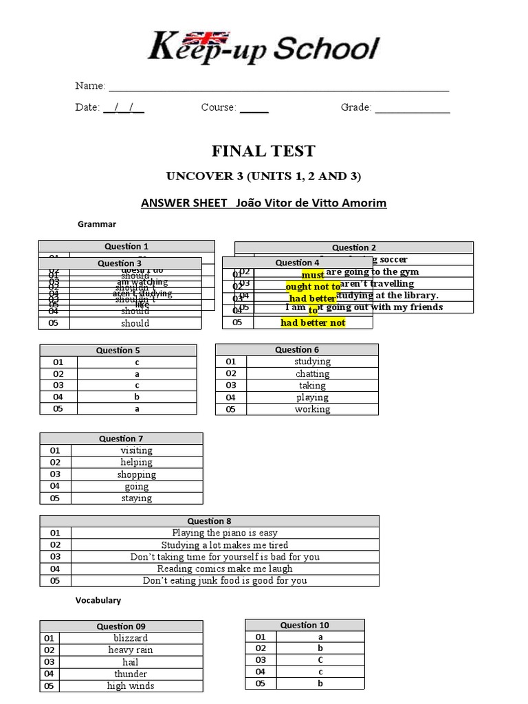 Student English Test Sheet | PDF