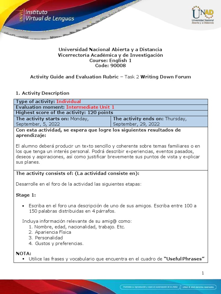Activity Guide and Evaluation Rubric - Unit 1 - Task 2 - Writing Down Forum | PDF | Cognición ...