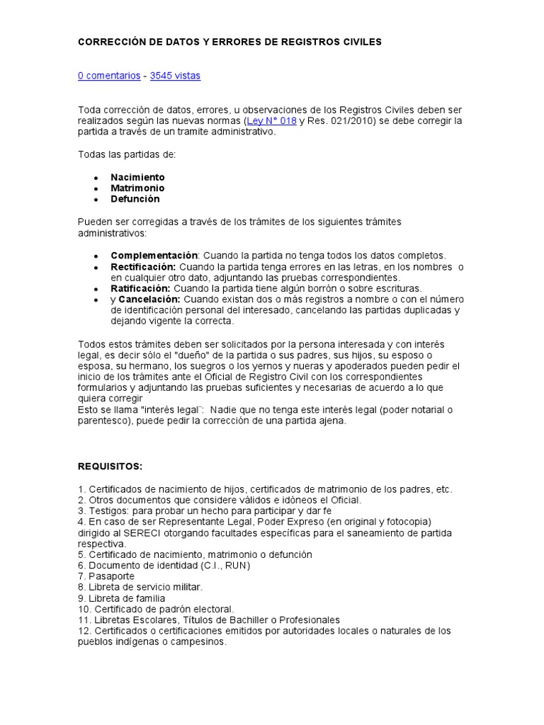 Corrección de Datos y Errores de Registros Civiles | PDF | Ley Pública ...