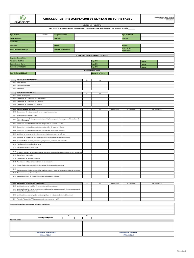 Check List de Inspeccion y Pre - Aceptacion de Montaje de Torres ... Check List de Inspeccion y Pre - Aceptacion de Montaje de Torres ...