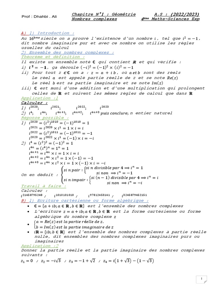 Cours Nombres Complexes Bac Sciences 2023 1 | PDF | Nombre complexe | Notation (mathématiques)