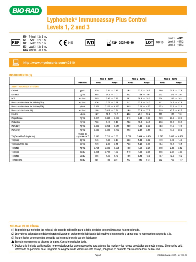 Lyphochek Immunoassay Plus Control Levels 1, 2 and 3 | PDF | Fisiología ...
