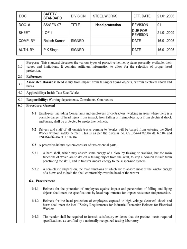 Tata Steel Head Protection Standards | PDF