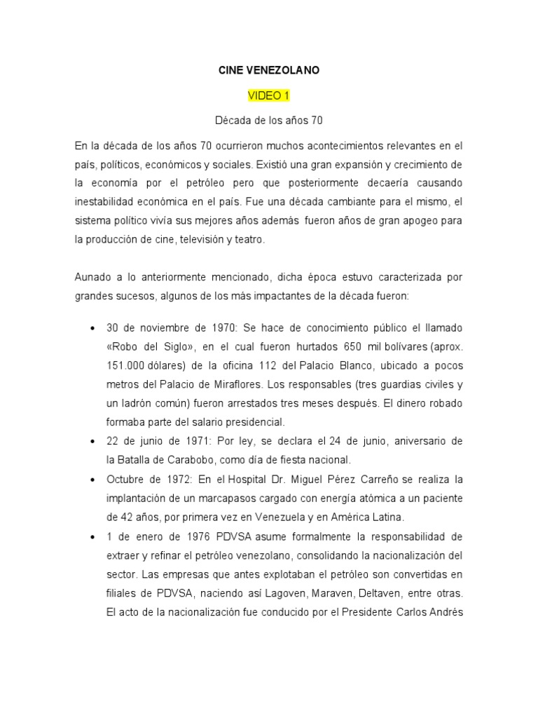 Cine Venezolano Decada de Los 70 | PDF