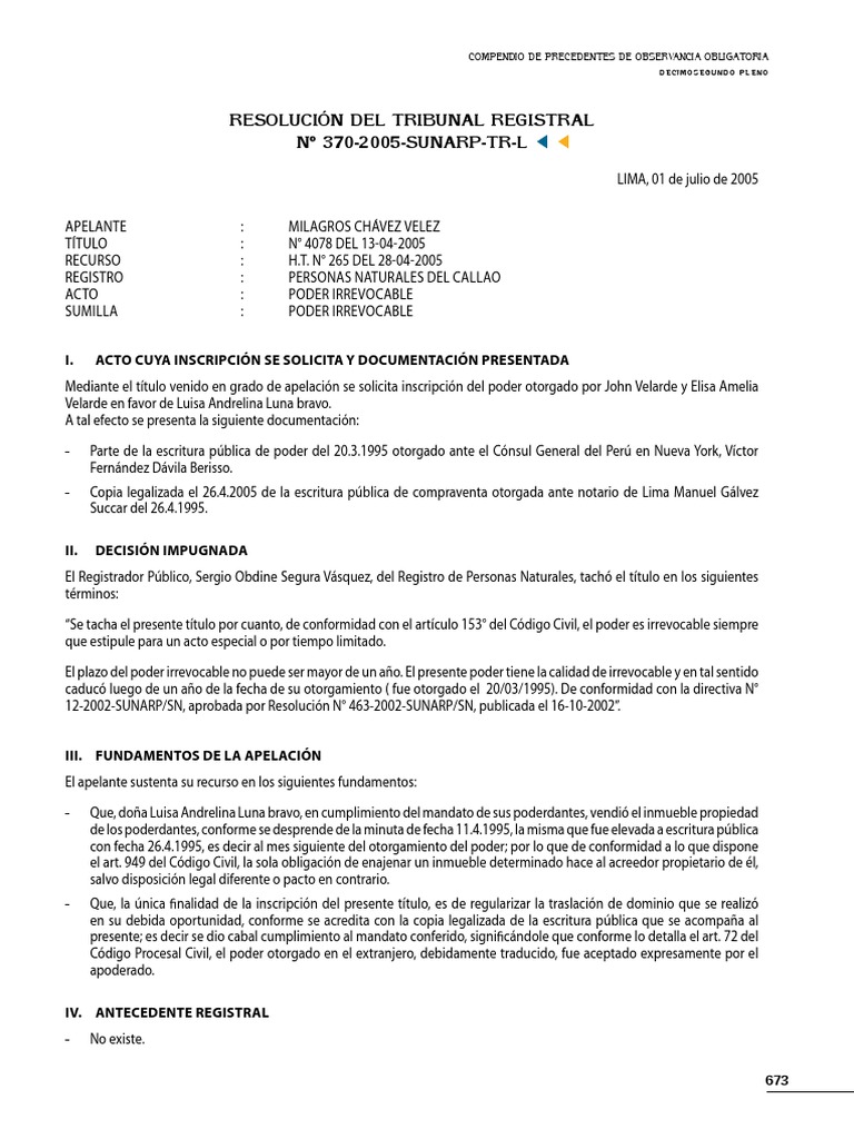 Resolución #370-2005-SUNARP-TR-L (Requisitos para La Inscripción Del Poder Irrevocable) | PDF ...