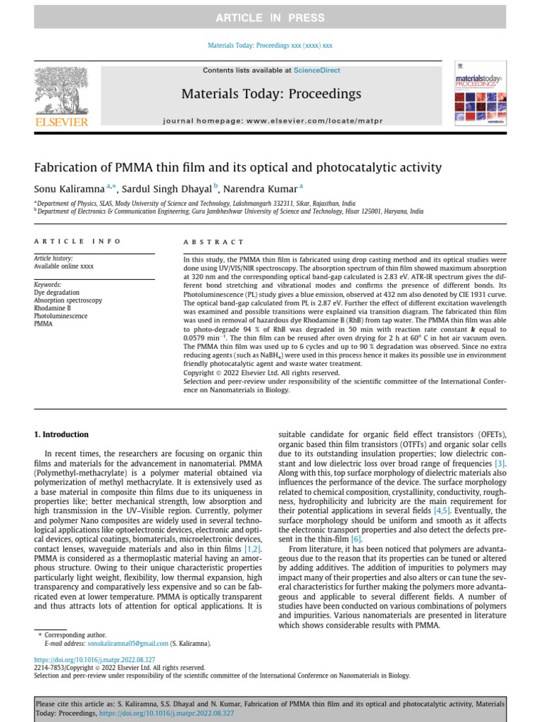 Fabrication of PMMA Thin Film and Its Optical and P - 2022 - Materials ...