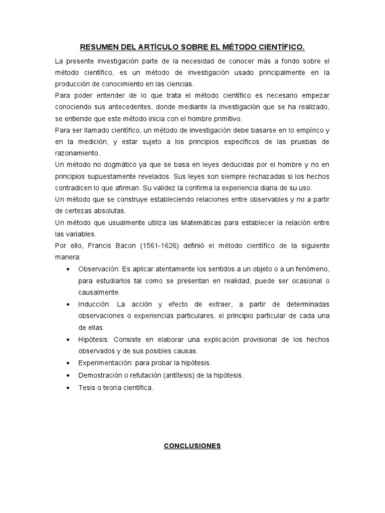 Resumen Del Artículo Sobre El Método Científico | PDF | Método científico | Razonamiento inductivo