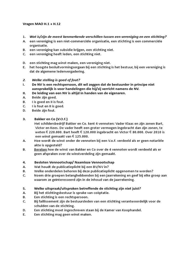 H12 Oefenvragen Rechtsvormen II | PDF