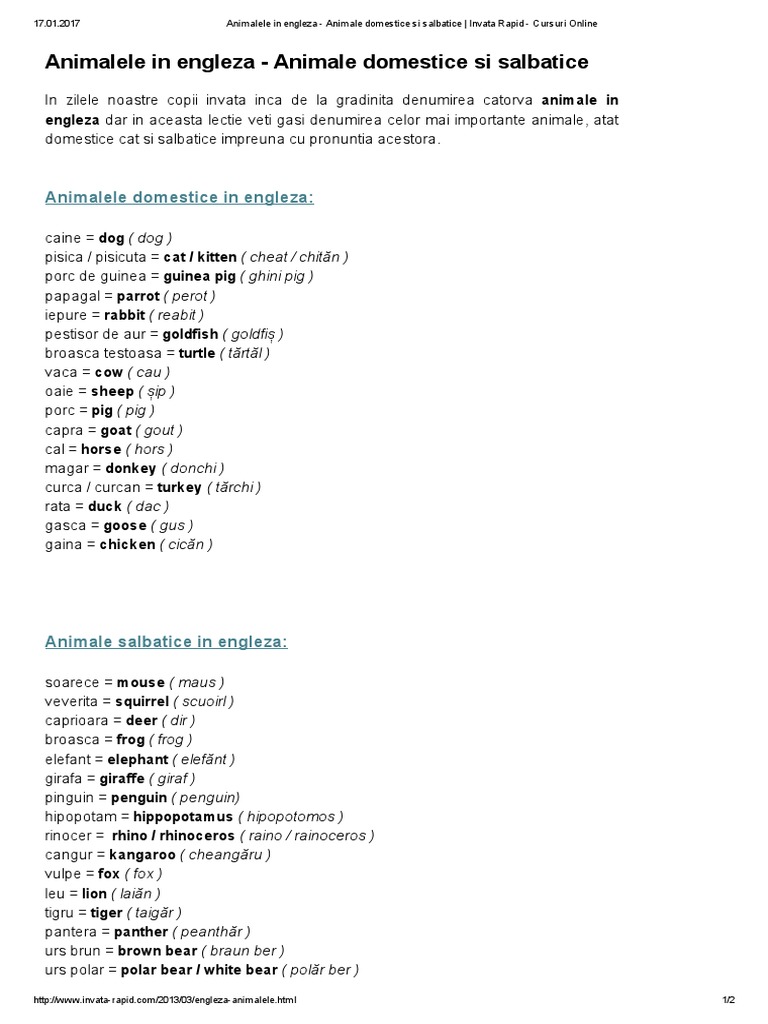 Animalele in Engleza - Animale Domestice Si Salbatice - Invata Rapid - Cursuri Online | PDF ...