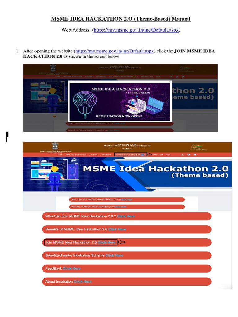 Step-by-Step Guide to Participating in and Navigating the MSME IDEA HACKATHON 2.0 Portal | PDF ...