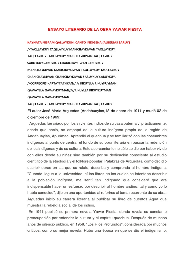 Ensayo Literario de La Obra Yawar Fiesta | PDF Ensayo Literario de La Obra Yawar Fiesta | PDF