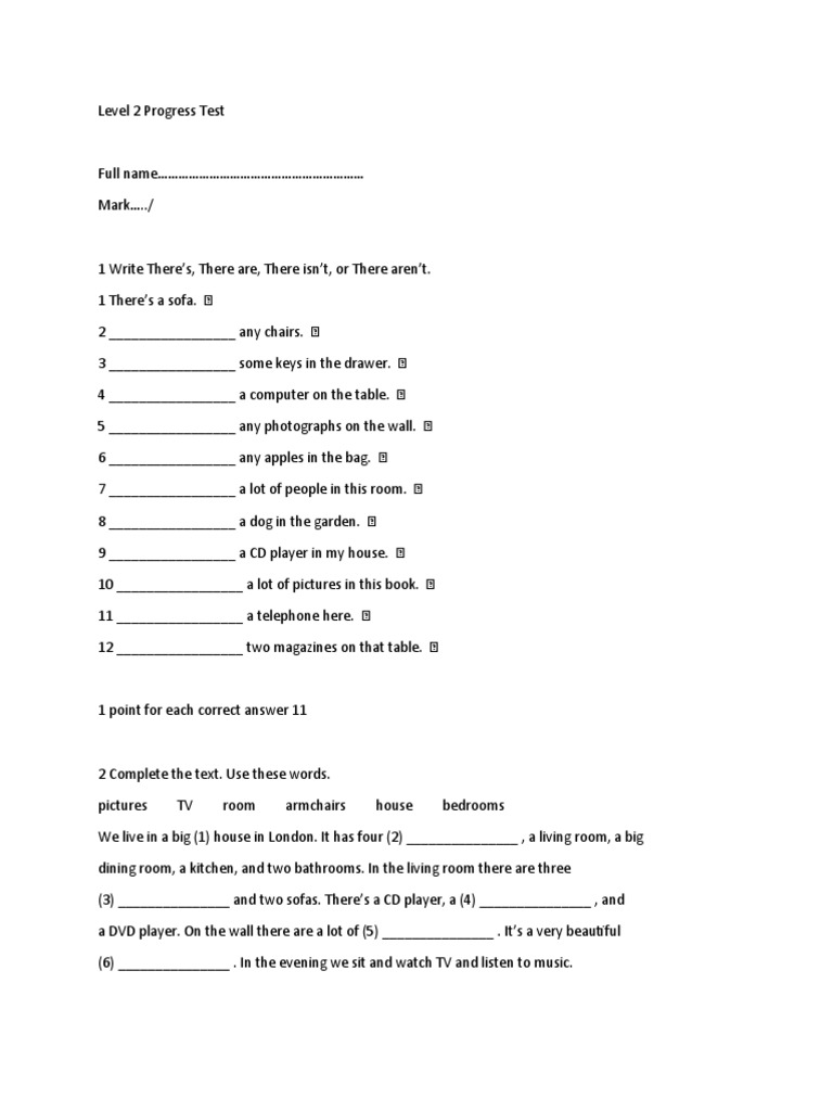 Level 2 English Progress Test | PDF | Room