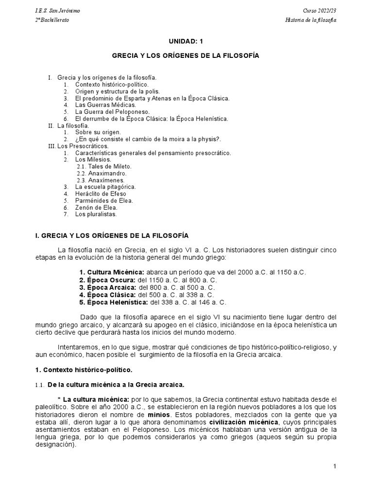 Unidad 1 Los Orã - Genes de La Filosofã - A y Los Presocrã - Ticos | PDF | Antigua Grecia ...