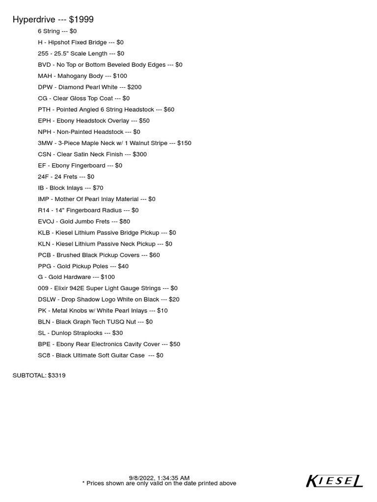 Kiesel Hyperdrive - $1999 Specs | PDF