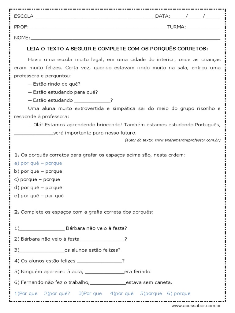 Atividade de Português Grafia Dos Porquês 7º Ano Com Respostas | PDF ...