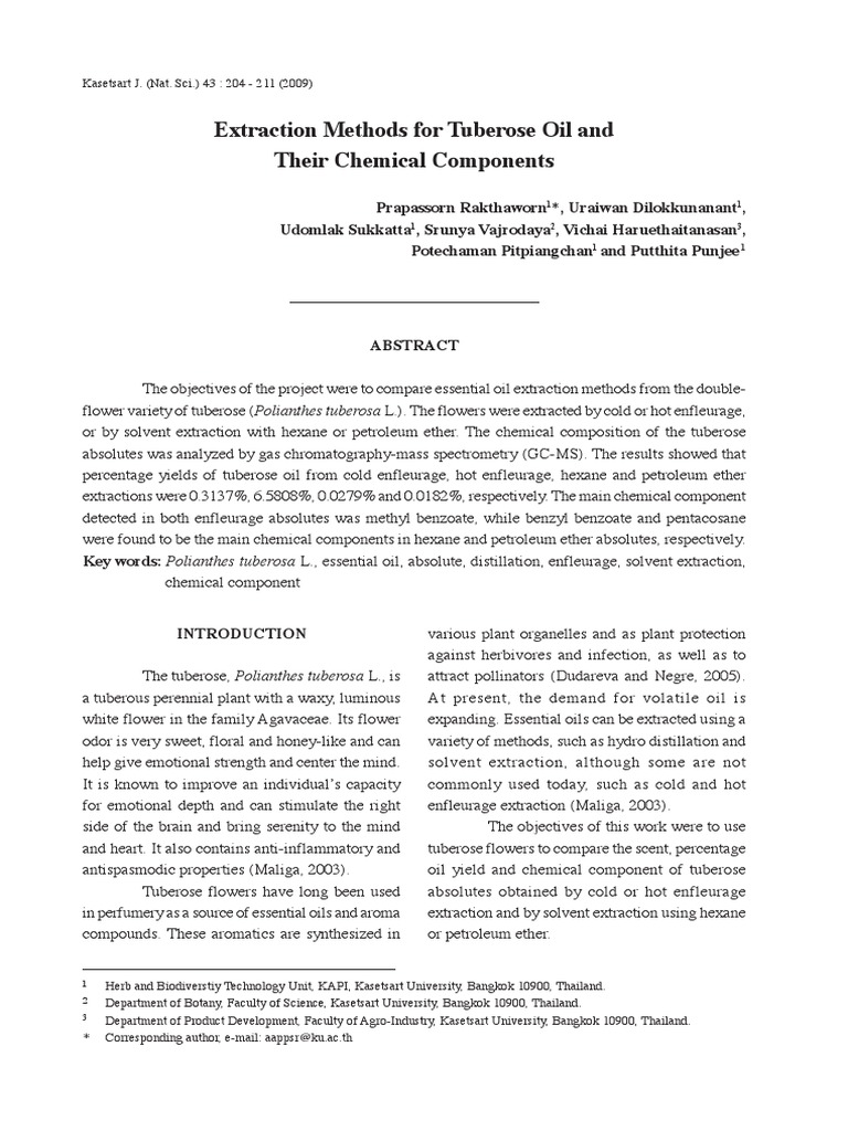 Extraction Methods For Tuberose Oil and Their Chemical Components | PDF ...