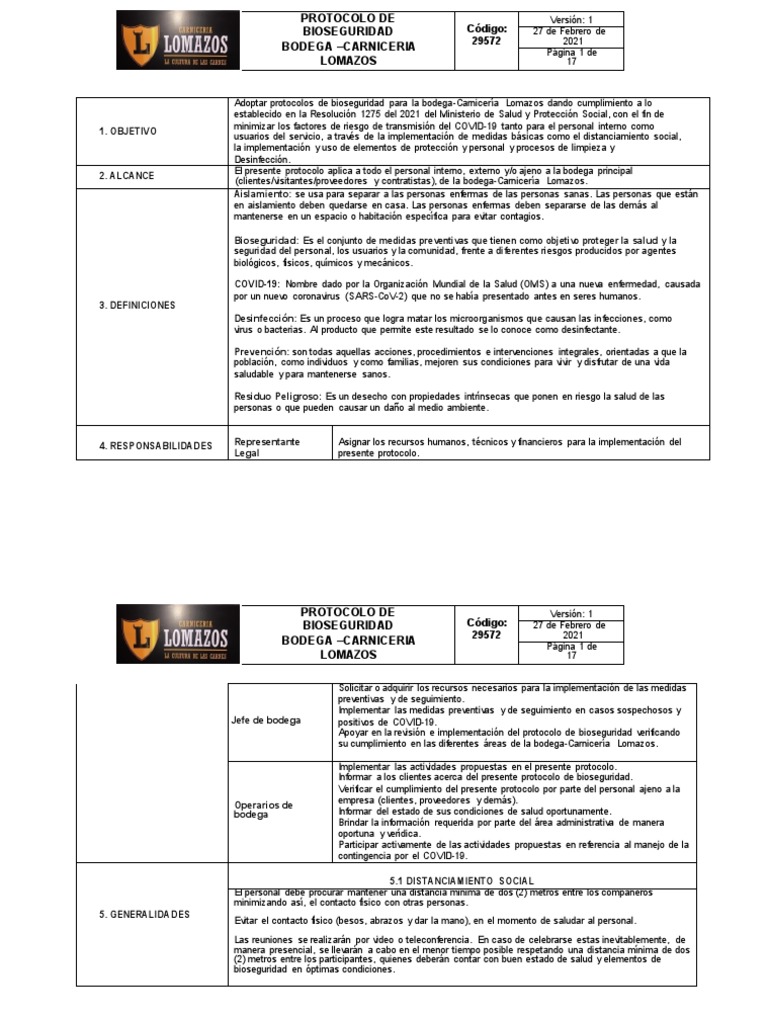 Protocolo de Seguridad Bodega - Carniceria Lomazos Norma 2021 Minsa | PDF | Ciencias de la Salud ...