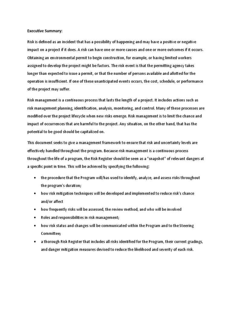 Executive Summary | PDF | Risk | Risk Management