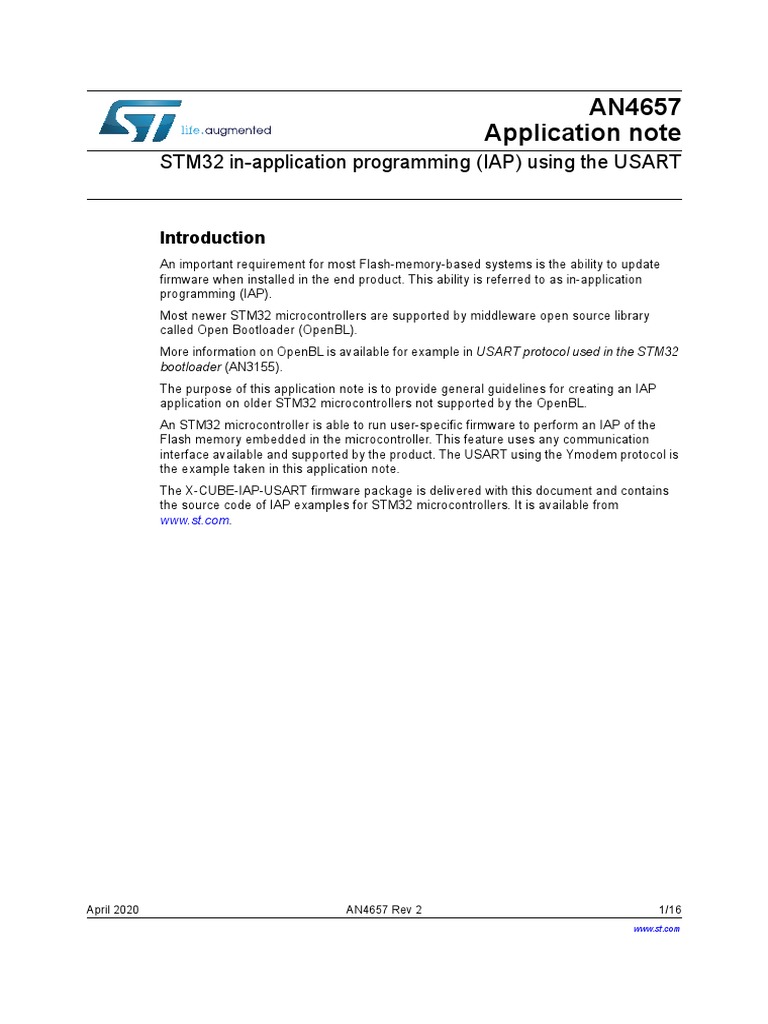 Dm00161366 Stm32 Inapplication Programming Iap Using The Usart Stmicroelectronics | PDF ...