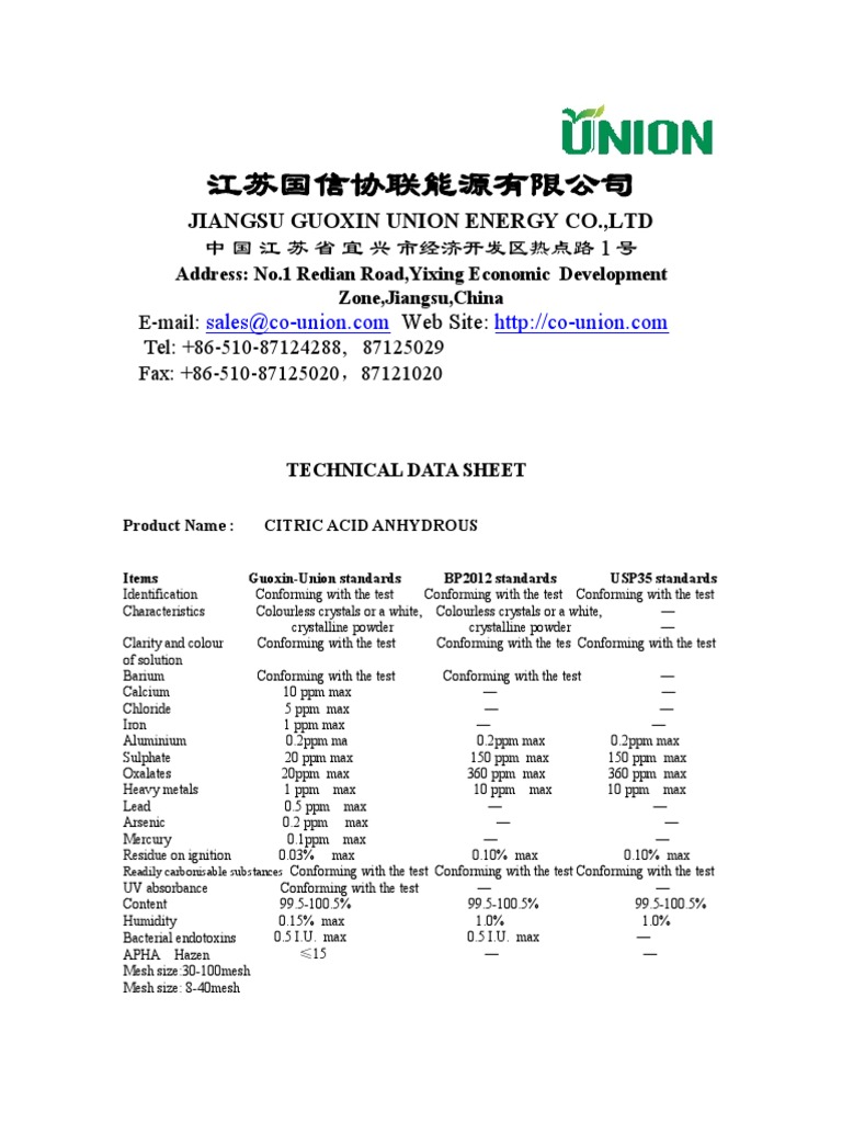Acido Citrico Jiangsu Guoxin Union | PDF | Metallic Elements | Chemical ...