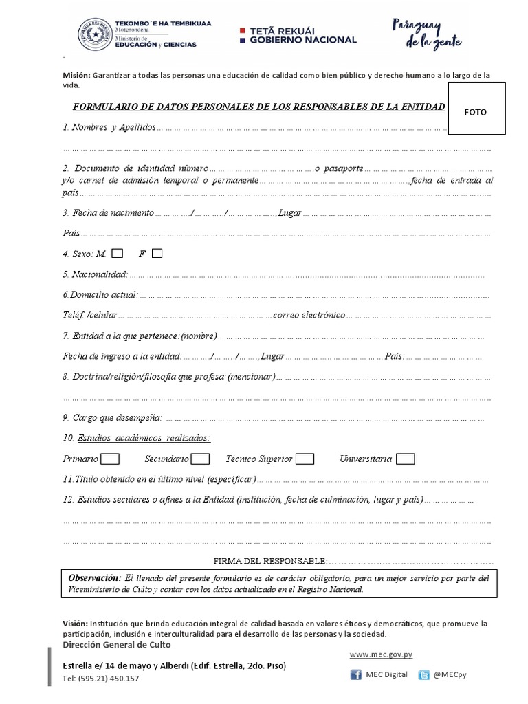 Formulario de Datos Personales de Los Responsables Con Foto | PDF