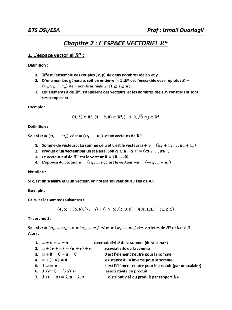 Cours sur l'Espace Vectoriel 𝑹𝒏 | PDF | Espace vectoriel | Base ...